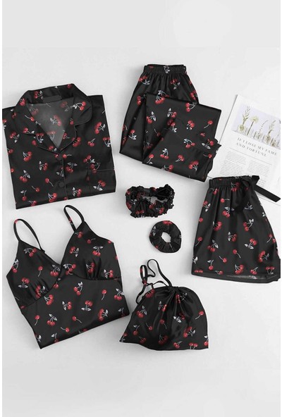Pembishomewear Gömlek Yaka Gece Siyahı Saten Pijama Takımı 7li