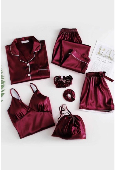 Pembishomewear Kadın Bordo Gömlek Yaka Saten Pijama Takımı 7 Li Pembishomewear Kadın Bordo Gömlek Yaka Saten Pijama Takımı 7 Li