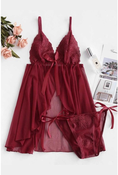 Pembishomewear Lizy Burgundy Tül Gecelik