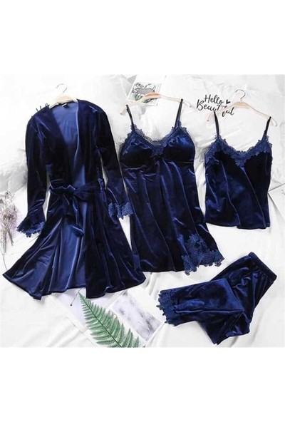 Pembishomewear Özel Tasarım Gece Mavisi 4 Lü Kadife Paris Pijama Seti Pembishomewear Özel Tasarım Gece Mavisi 4 Lü Kadife Paris Pijama Seti