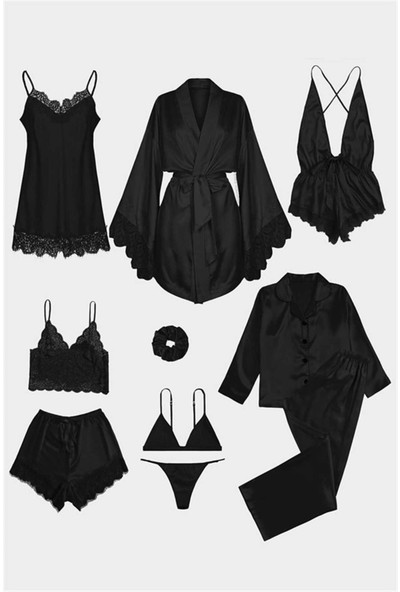 Pembishomewear Vista Special Black 10 Lu Saten Pijama Seti Pembishomewear Vista Special Black 10 Lu Saten Pijama Seti