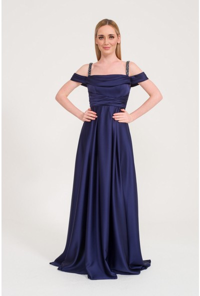 SpringStore Lacivert Taş Askılı Saten Abiye Elbise SpringStore Lacivert Taş Askılı Saten Abiye Elbise