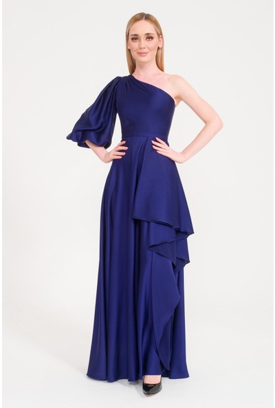 SpringStore Lacivert Tek Omuz Ince Saten Abiye SpringStore Lacivert Tek Omuz Ince Saten Abiye