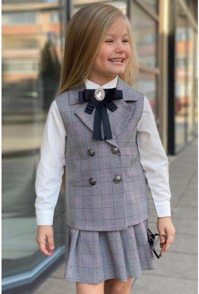 Riccotarz Kız Çocuk Kurdele Broşlu Ekose Cepkenli Gri Etekli Takım