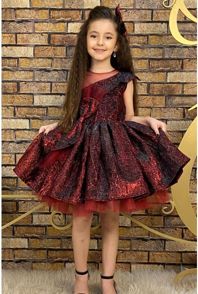 Riccotarz Kız Çocuk Mix Color Tül Detaylı Belden Bağlamalı Bordo Abiye