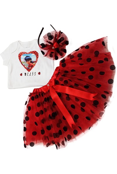 Pastelsnz Uğur Böceği Baskılı Kırmızı Puantiyeli Kız Çocuk Tütü Takım - Ladybug Tütü