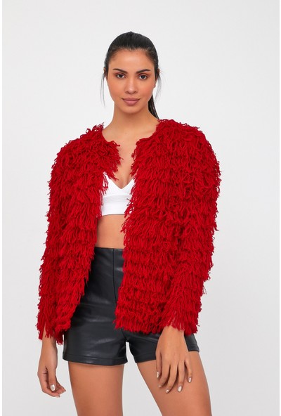 Cool Style Kadın Kırmızı Püsküllü Zara Triko Hırka