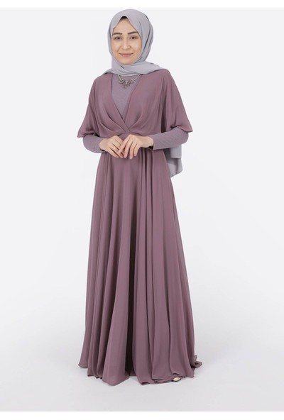 Garize Nisaca Bolerolu Şifon Tesettür Abiye Elbise | Gül Kurusu
