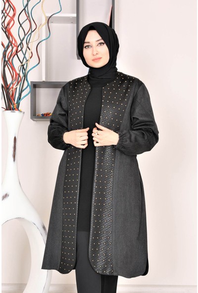 Misswhence Tesettür Keçe Kumaş Önü Trok Detaylı Detaylı Tarz Spor Kadın Kaban | Nisaca Füme