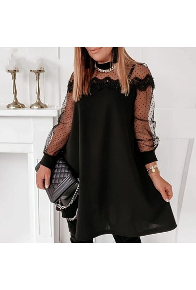 Mrthan Tül ve Dantel Detay Janes Atlas Kumaş Elbise