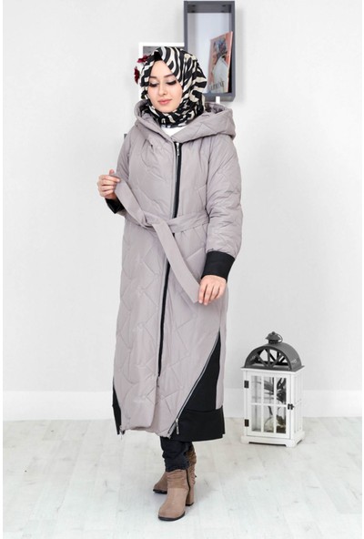 Misswhence Tesettür Fermuar Detaylı Puantiye Dikişli Tarz Spor Kadın Kaban | Nisaca Gri