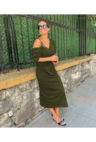Mrthan Tek Omuz Askılı Dantel Detay Janes Viskon Kumaş Elbise Haki 115CM