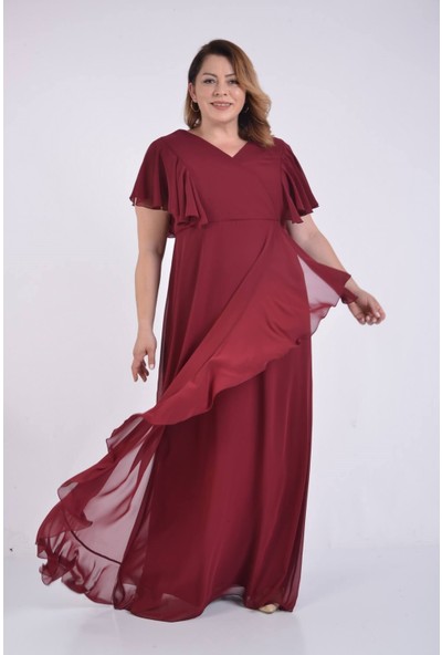 Büyük Beden Bordo Renkli Kruvaze Yaka Şifon Elbise