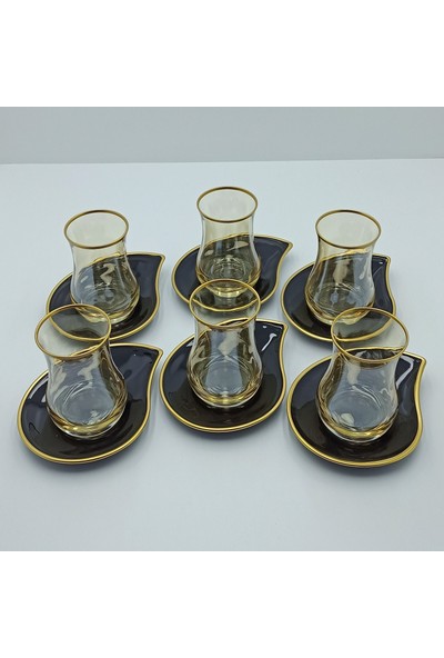Lav Eva Siyah Altın Tabaklı 12 Parça Çay Bardağı Çay Tabağı Çay Takımı Seti