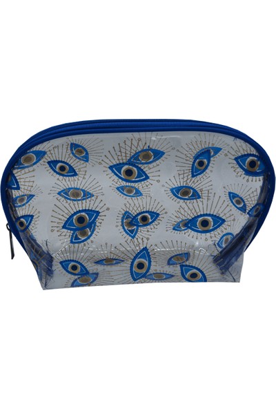 Miine Nazar Desenli Mavi Beyaz Büyük Makyaj Çantası