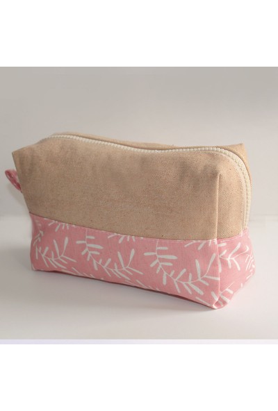 Wolo Wolo_pembe _ Üzerine Yaprak Desenli %100 Pamuklu Makyaj Çantası