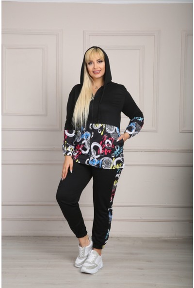 Modasehle Kadın Siyah Baskılı Büyük Beden Kapüşonlu Fermuarlı Eşofman Takım
