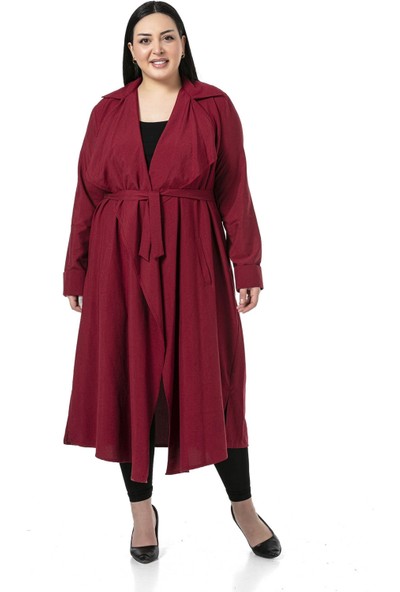 Disentis Modest Büyük Beden Apoletli Yanları Yırtmaçlı Kuşaklı Uzun Bordo Ceket