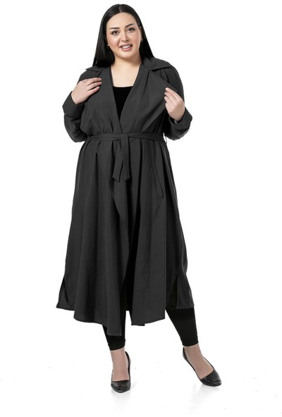 Disentis Modest Büyük Beden Apoletli Yanları Yırtmaçlı Kuşaklı Uzun Siyah Ceket