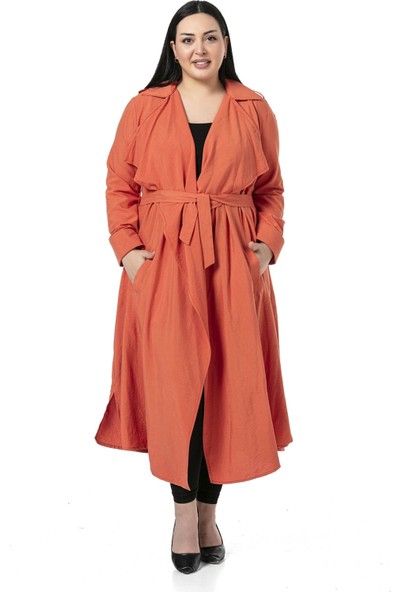 Disentis Modest Büyük Beden Apoletli Yanları Yırtmaçlı Kuşaklı Uzun Coral Ceket