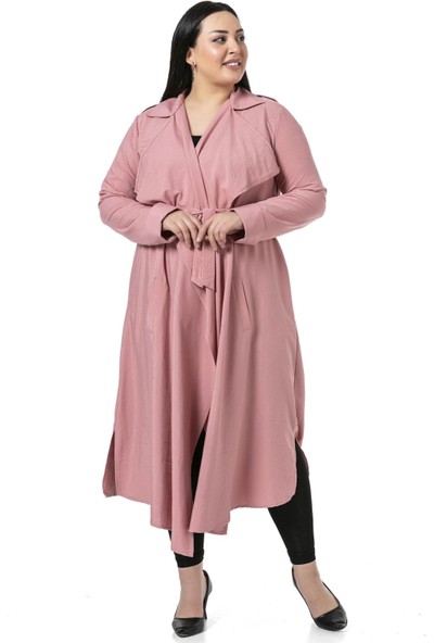 Disentis Modest Büyük Beden Apoletli Yanları Yırtmaçlı Kuşaklı Uzun Pembe Ceket