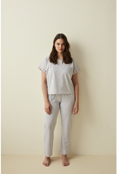 Açık Gri Melanj Melange Dots Pantolon