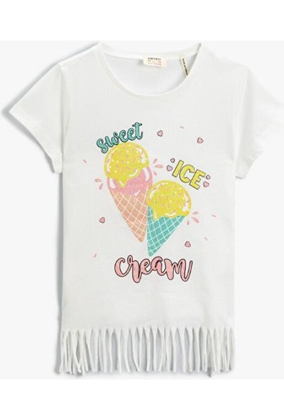 Koton Kız Çocuk Dondurma Baskılı Simli Tişört Kısa Kollu Pamuklu