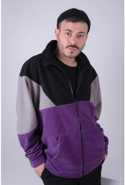 Vatkalimon Kadın Erkek Tam Fermuar Siyah Gri Mor Polar Sweatshirt