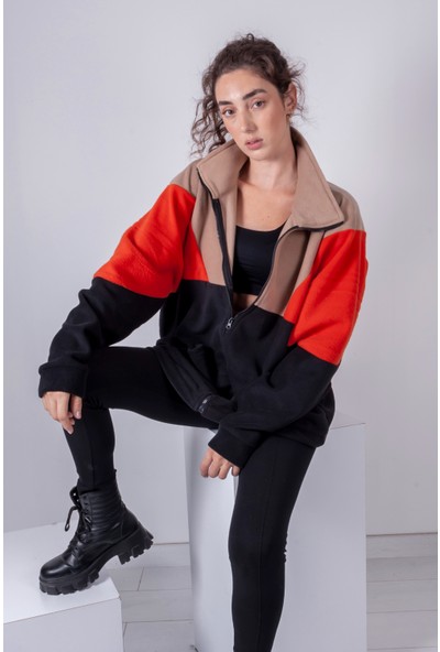 Vatkalimon Kadın Erkek Tam Fermuar Kahverengi Turuncu Siyah Polar Sweatshirt