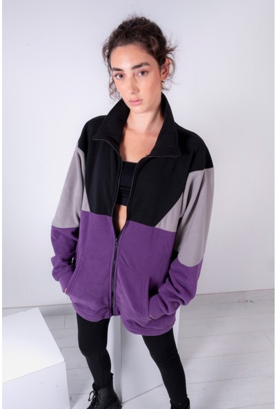 Vatkalimon Kadın Erkek Tam Fermuar Siyah Gri Mor Polar Sweatshirt