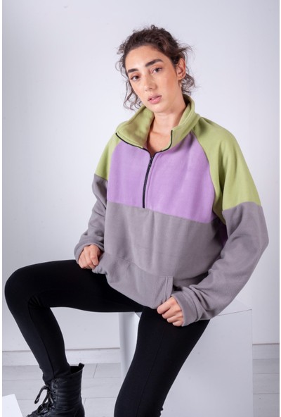 Vatkalimon Kadın Erkek Yarım Fermuarlı Gri Yeşil Lila Polar Sweatshirt