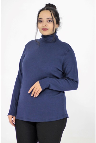 Truva Xxl Büyük Beden Kadın Giyim Kaşkorse Boğazlı Bluz Standart Lacivert BZ573