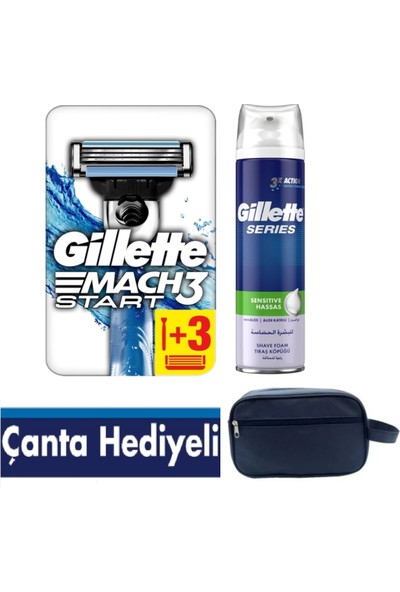 Gillette Mach3 Start Makine ve 3 Lü Yedek Tıraş Bıçağı + Gillette 250 ml Köpük +Seyahat Çantası Hediyeli Gillette Mach3 Start Makine ve 3 Lü Yedek Tıraş Bıçağı + Gillette 250 ml Köpük +Seyahat Çantası Hediyeli