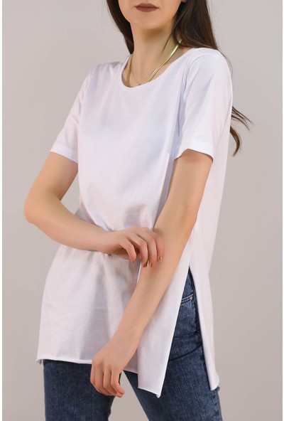 Bernam Butik Yırtmaçlı Penye Tunik Tişört Beyaz
