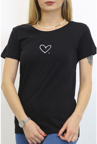 Bernam Butik Kalp Baskılı Tişört Siyah