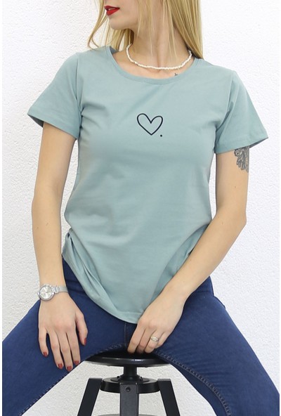 Bernam Butik Kalp Baskılı Tişört Pastelyeşil