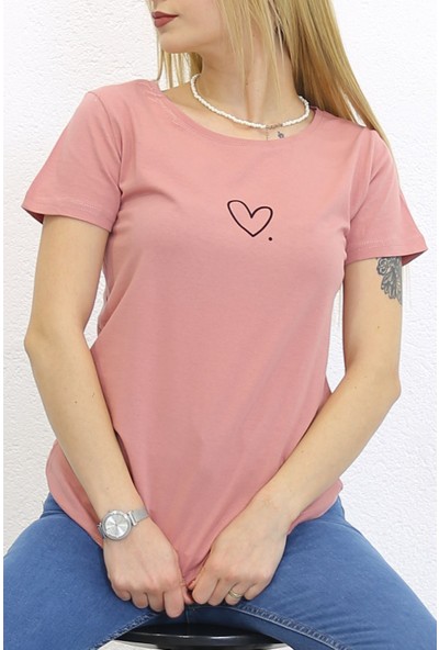Bernam Butik Kalp Baskılı Tişört Pudra Bernam Butik Kalp Baskılı Tişört Pudra