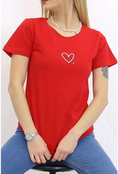 Bernam Butik Kalp Baskılı Tişört Kırmızı