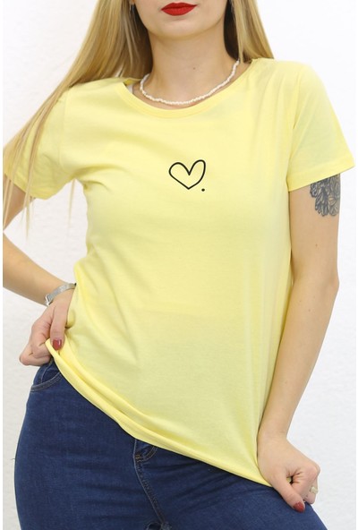 Bernam Butik Kalp Baskılı Tişört Sarı