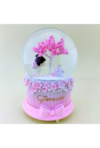Hediyezin Ağaç Altında Sevimli Kız ve Tavşan Işıklı Müzikli Orta Boy Kar Küresi