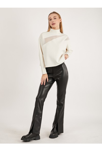 Nunchi Look Siyah Deri Paçası Önden Yırtmaçlı Nervür Dikişli Içi Yumuşak Dokulu Ispanyol Pantolon