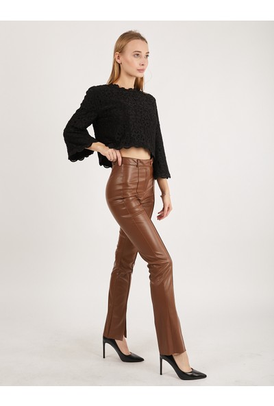 Nunchi Look NL1212201594TABA Deri Paçası Önden Yırtmaçlı Nervür Dikişli Içi Yumuşak Dokulu Skinny Pantolon