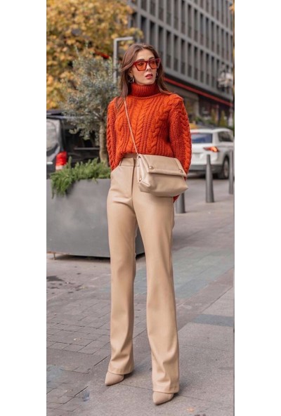 Nunchi Look Bej Deri Cepli Içi Yumuşak Dokulu Palazzo Straight Düz Kesim Pantolon Nunchi Look Bej Deri Cepli Içi Yumuşak Dokulu Palazzo Straight Düz Kesim Pantolon