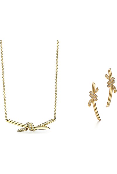 Qielle 925 Ayar Gümüş Knot Beyaz Zirkon Taşlı Altın Kolye - Küpe Set