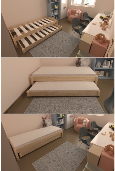 Renazzo Mobilya Canvas Yavrulu Doğal Masif Çam Karyola