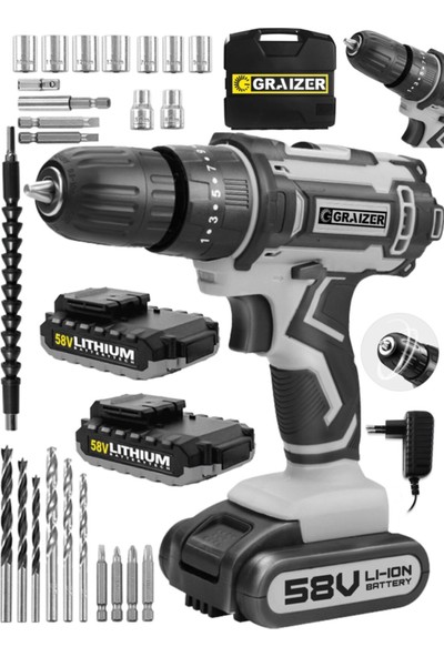 Graizer Alman Technology 58 V 5 Ah Darbeli Çift Akülü Vidalama Metal Şanzuman Şarjlı Matkap Graizer Alman Technology 58 V 5 Ah Darbeli Çift Akülü Vidalama Metal Şanzuman Şarjlı Matkap