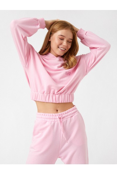 Koton Beli Lastikli Kapüşonlu Baskılı Crop Sweatshirt