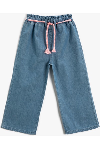 Koton Kız Çocuk Bol Paça Kot Pantolon Kemerli Beli Lastikli Pamuklu