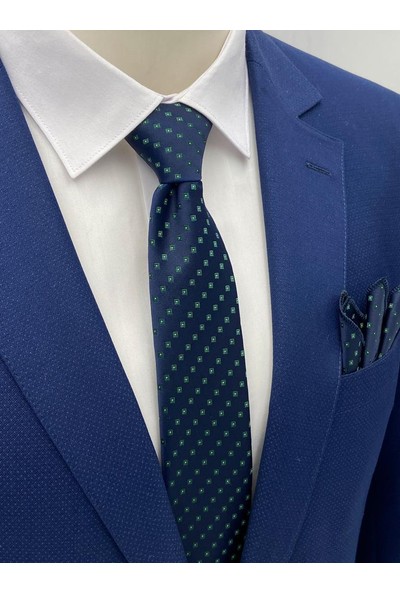 Brianze Lacivert Yeşil Desenli Kravat Mendil Set Brianze Lacivert Yeşil Desenli Kravat Mendil Set