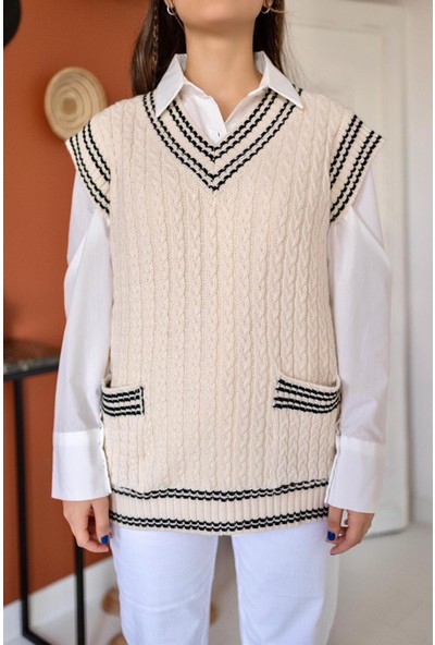 Elbee V Yaka Süveter - Bej